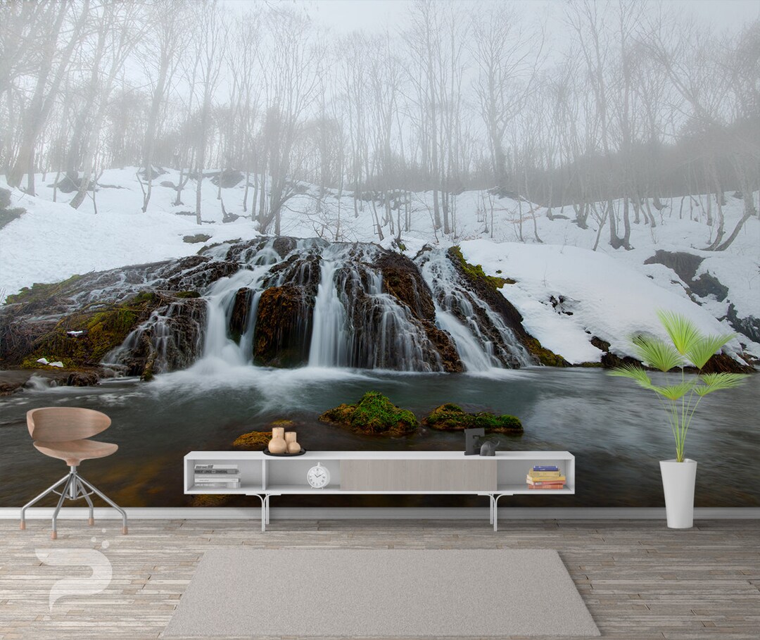 Snowy Waterfall WALL MURAL, Winter Wallpaper Mural, Large Wall Mural ...