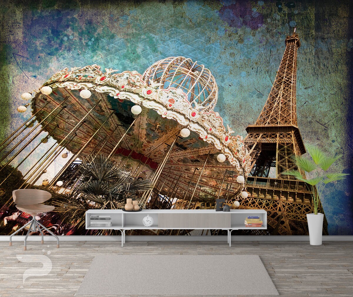 Paris Carousel WALL MURAL Paris Wall Covering Eiffel Tower | Etsy