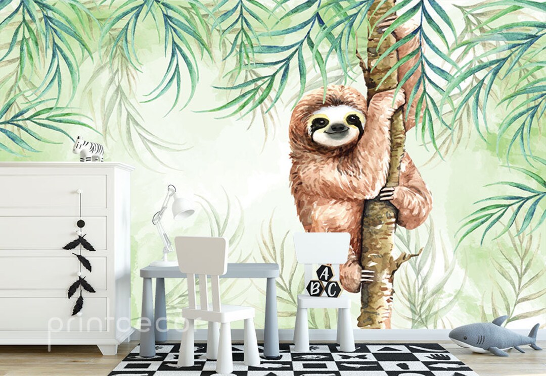 Happy Sloth WALLPAPER, Nursery Wallpaper, Jungle Forest Wall Art Decor ...