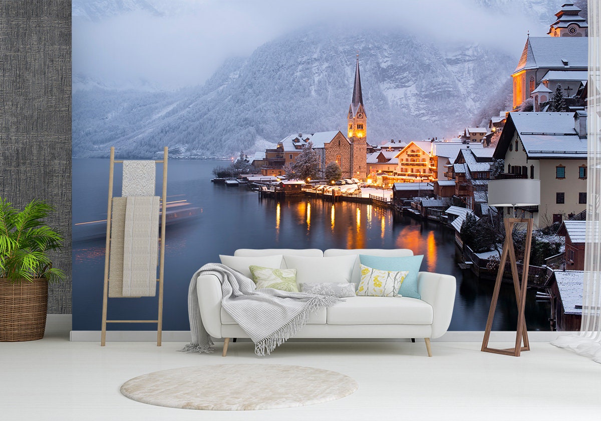 Hallstatt WALLPAPER MURAL Snowy Winter Scene Mural Large | Etsy