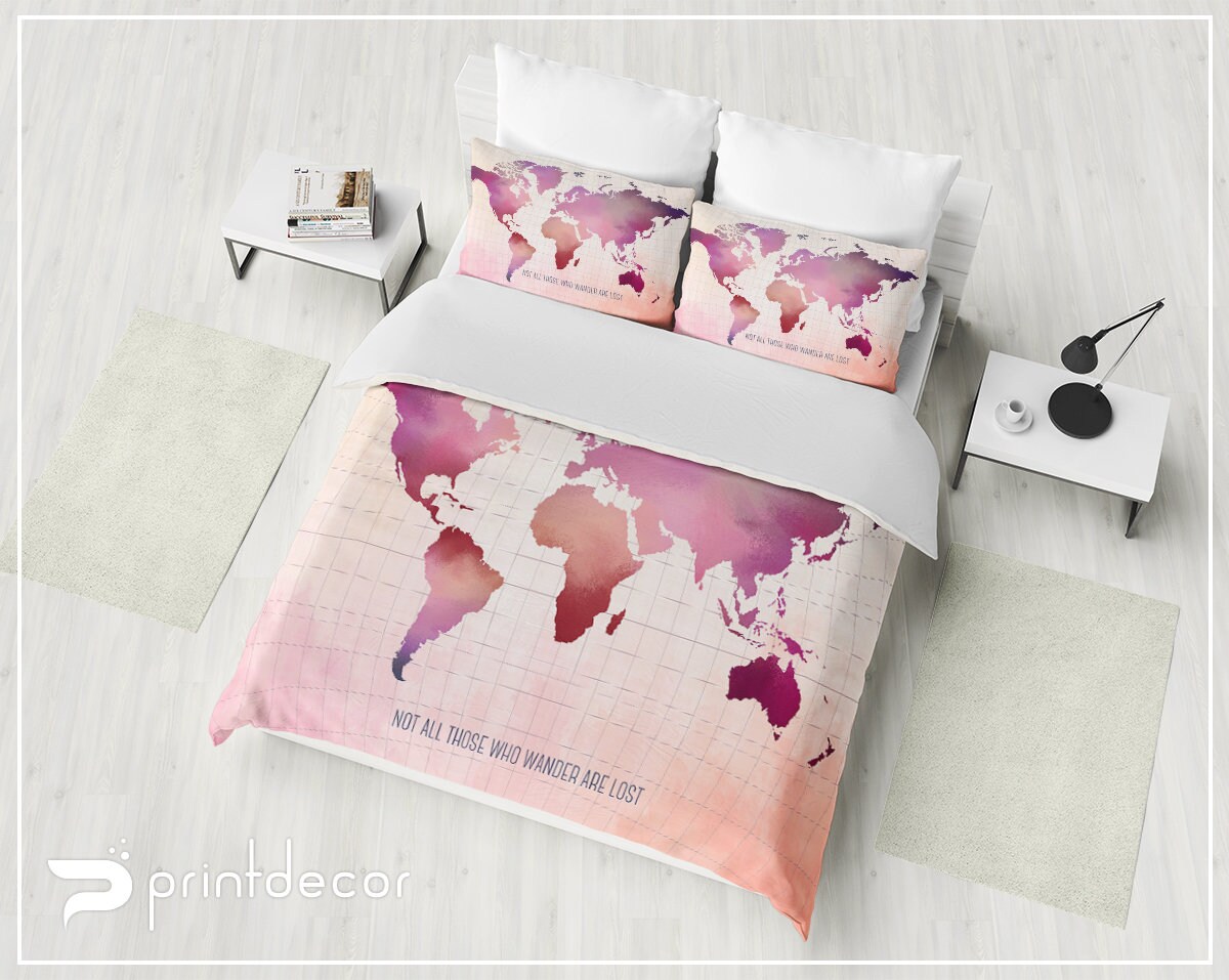 World Map Bedding Watercolor Map Duvet Cover Set - Etsy