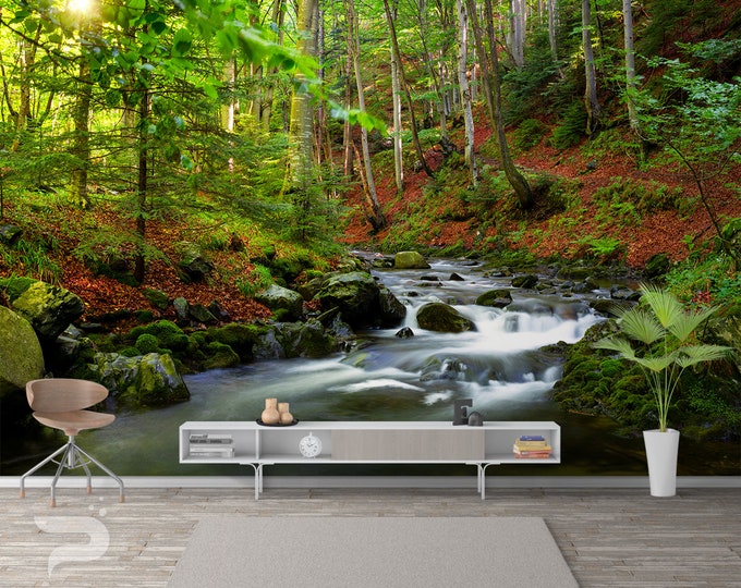 Forest River WALL MURAL, Green Forest Wallpaper Mural, Large Wall Mural ...