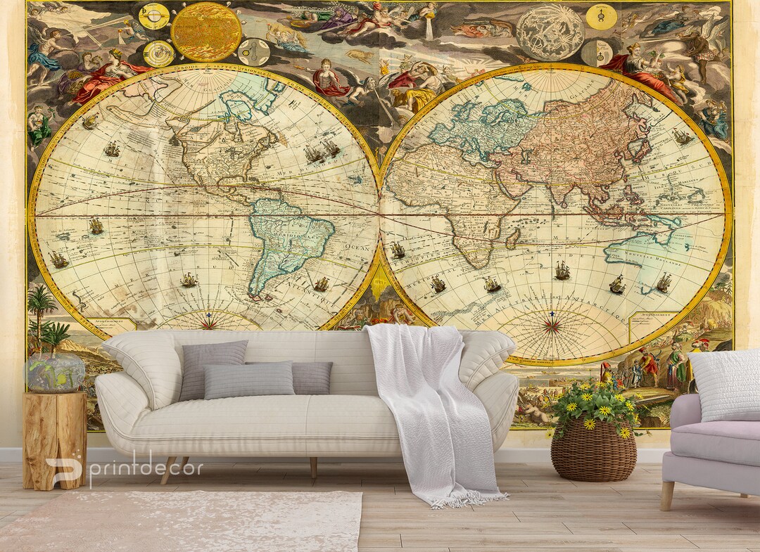 Colorful Old World Map WALL MURAL, Old Map Wallpaper, Vintage World Map ...