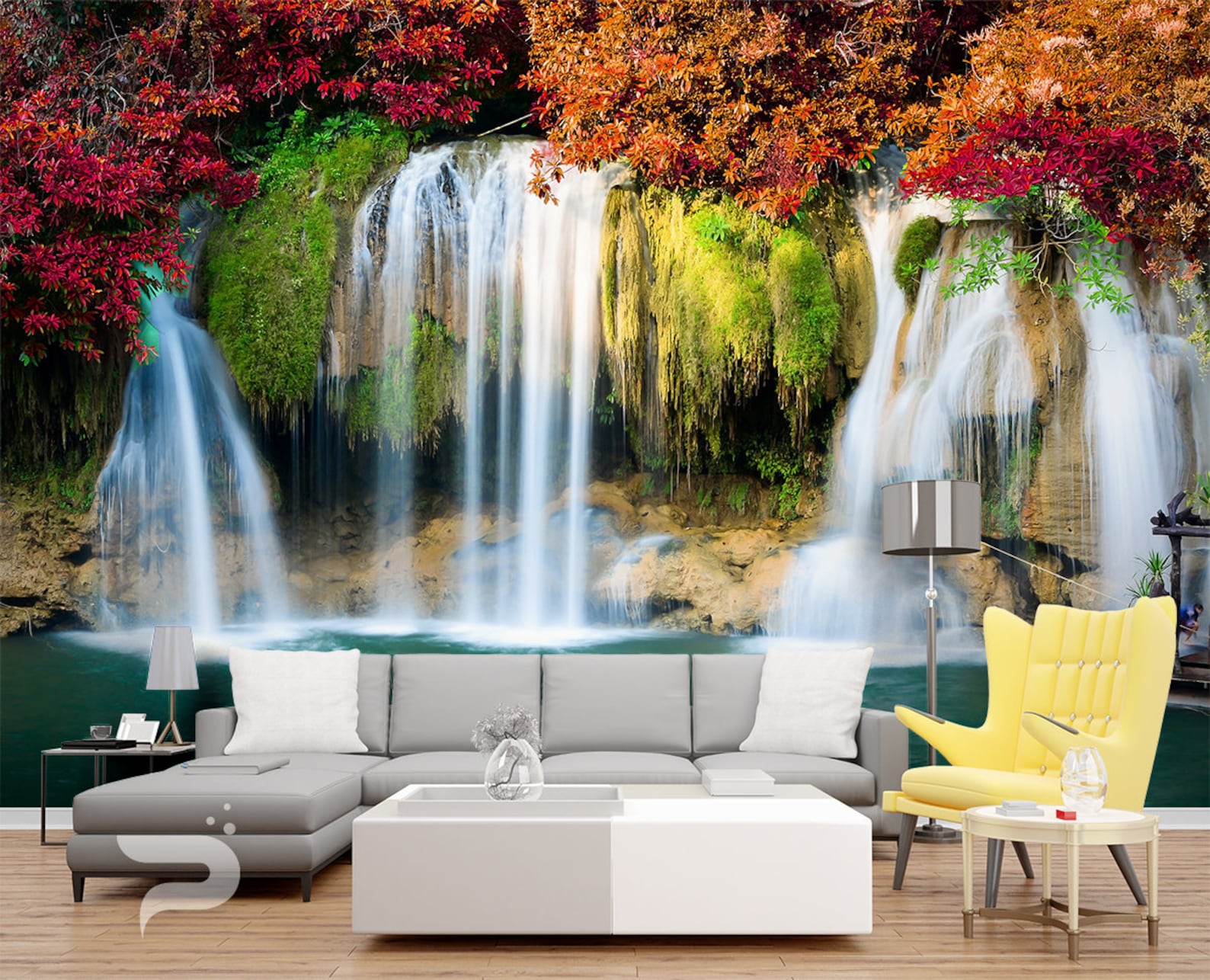 Colorful Forest Waterfall WALL MURAL Autumn Wallpaper Large | Etsy