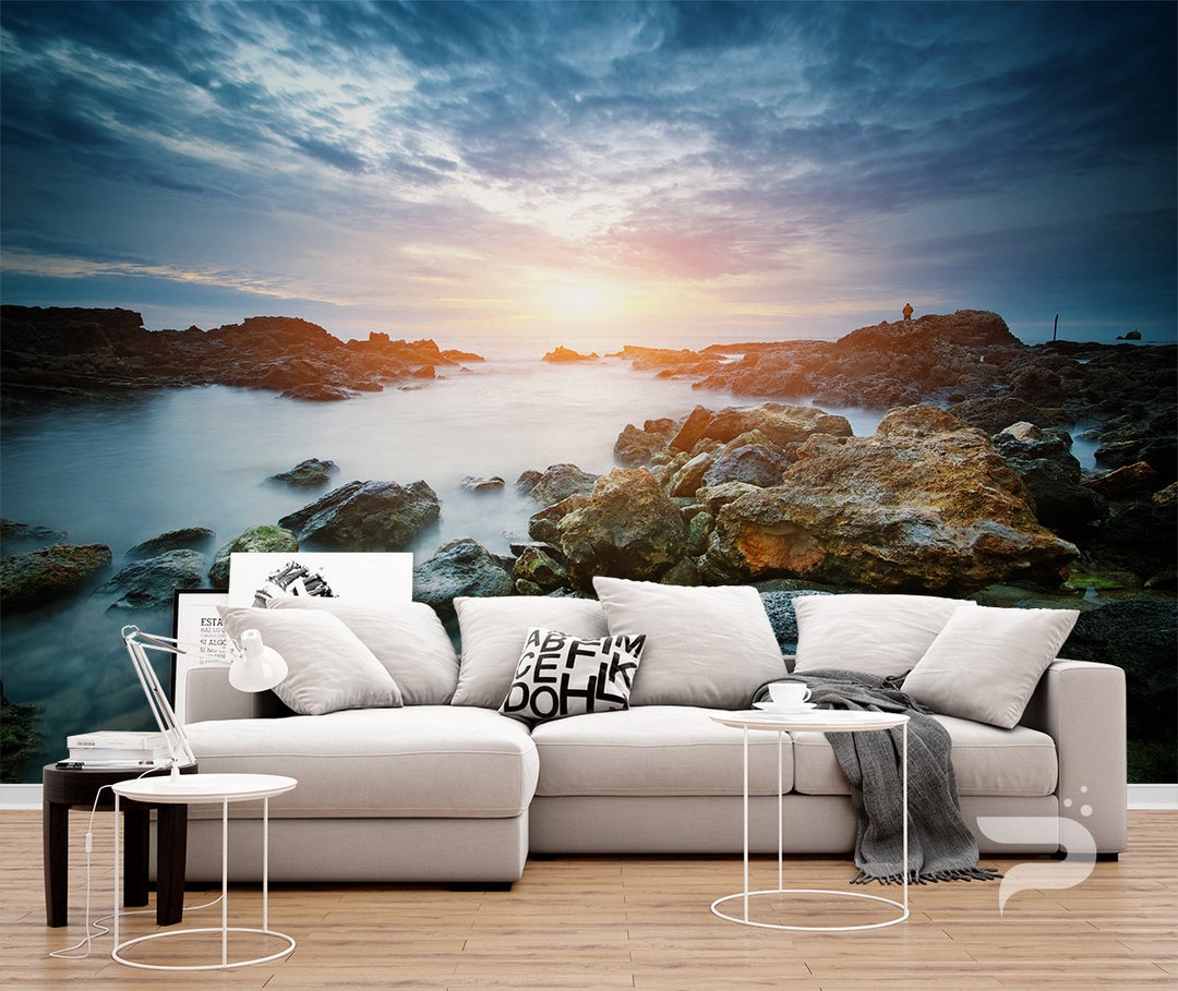 Rocky Sunrise MURAL, Ocean Sunrise Wallpaper Mural, Large Wall Mural ...