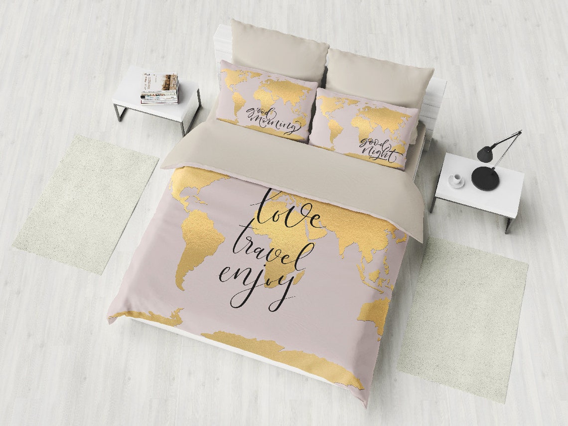 World Map Bedding Golden Map Duvet Cover Set Travel Map - Etsy