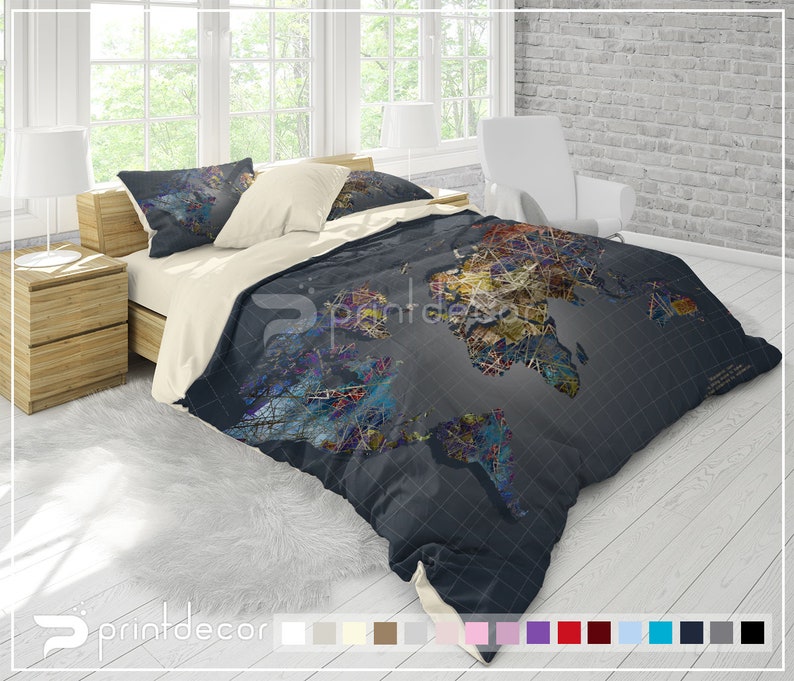 Travel Map Bedding Boho Adventure Map Duvet Cover Set | Etsy
