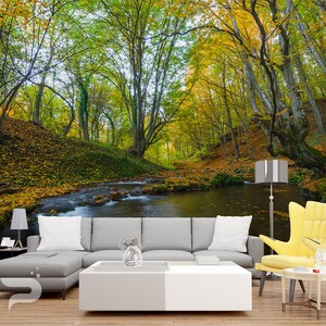 Autumn River WALL MURAL, Autumn Forest Wallpaper Mural, Large Wall ...