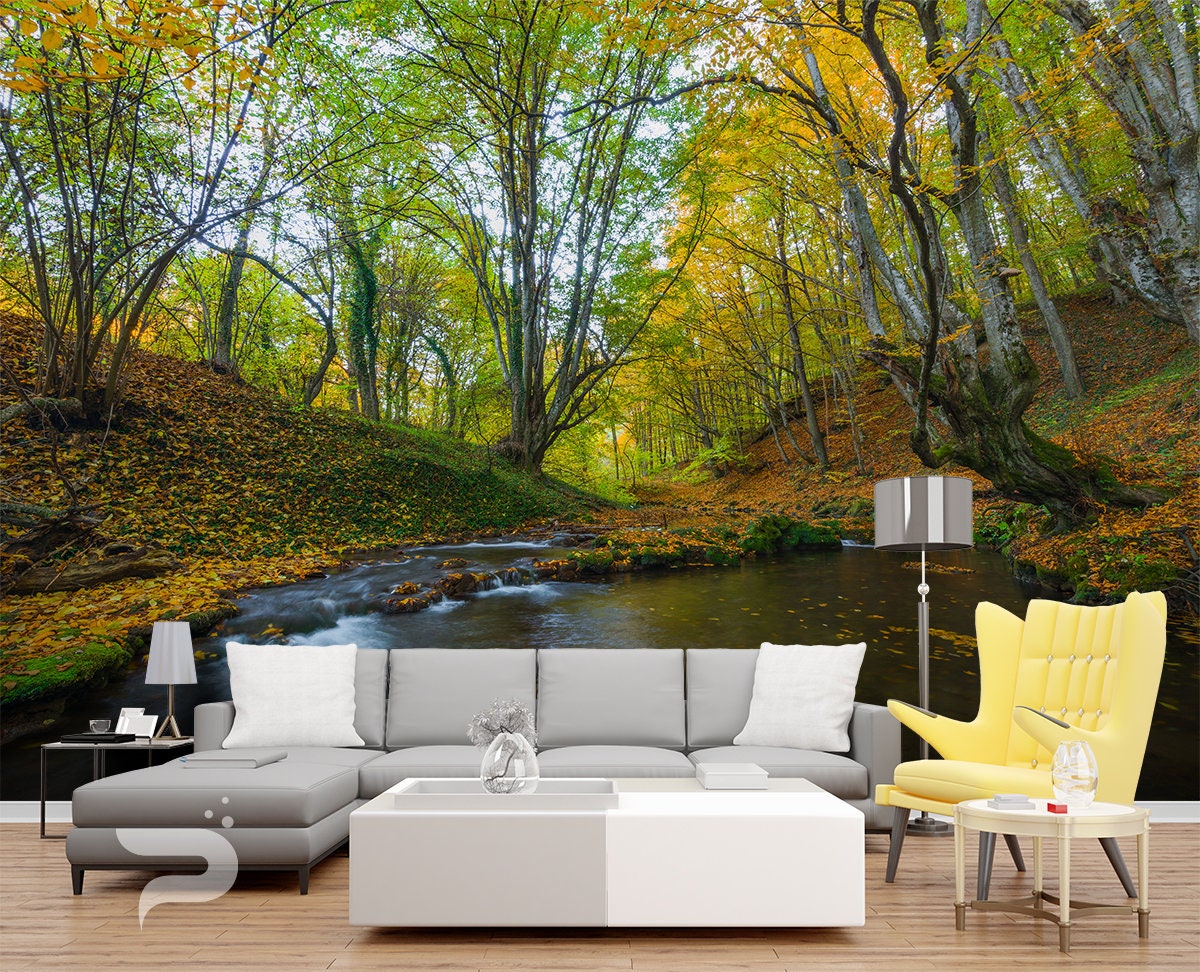 Autumn River WALL MURAL Autumn Forest Wallpaper Mural Large - Etsy