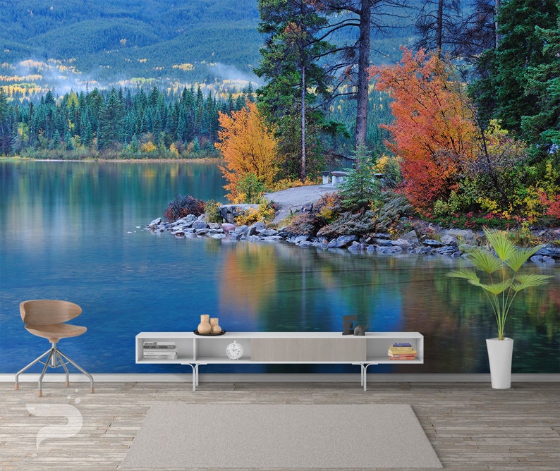 Autumn Lake WALL MURAL Forest Wall Covering Colorful Lake - Etsy