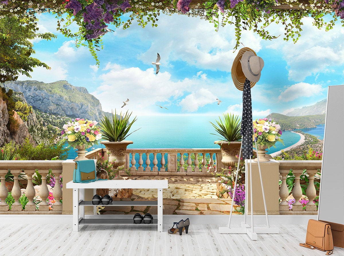Mediterranean Terrace WALLPAPER MURAL Terrace Garden Wall | Etsy