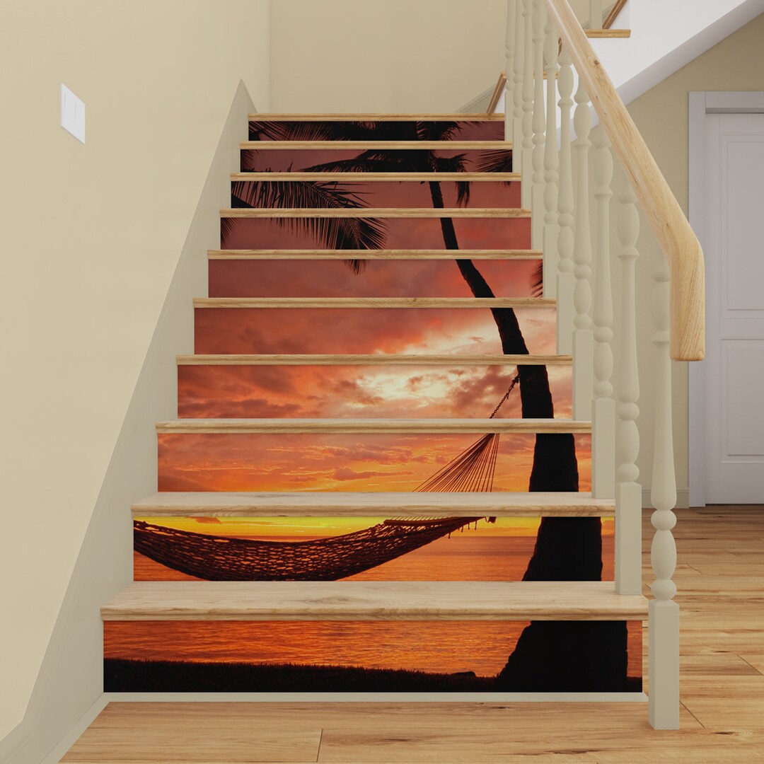 Palm Paradise STAIRS MURAL, Peel & Stick Stair Risers Decal, 3D Beach ...
