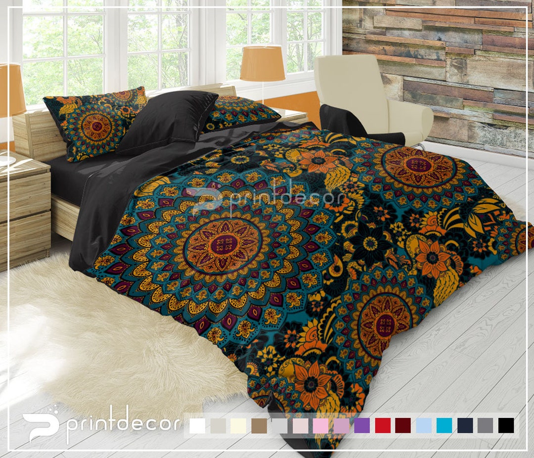 Mandala Bedding Set, Boho Teal With Orange and Yellow Mandala Duvet ...