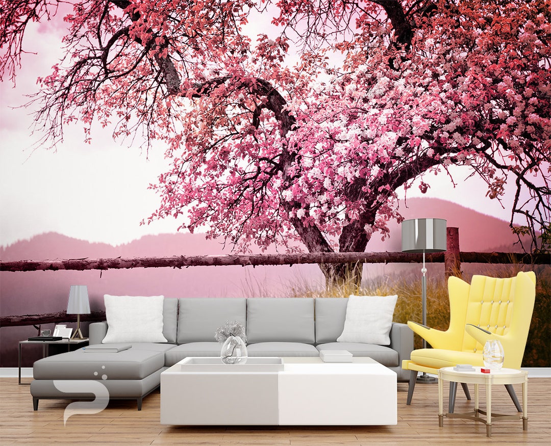 Pink Tree WALL MURAL, Pink Fantasy Wall Covering, Pink Blossom Wall Art ...
