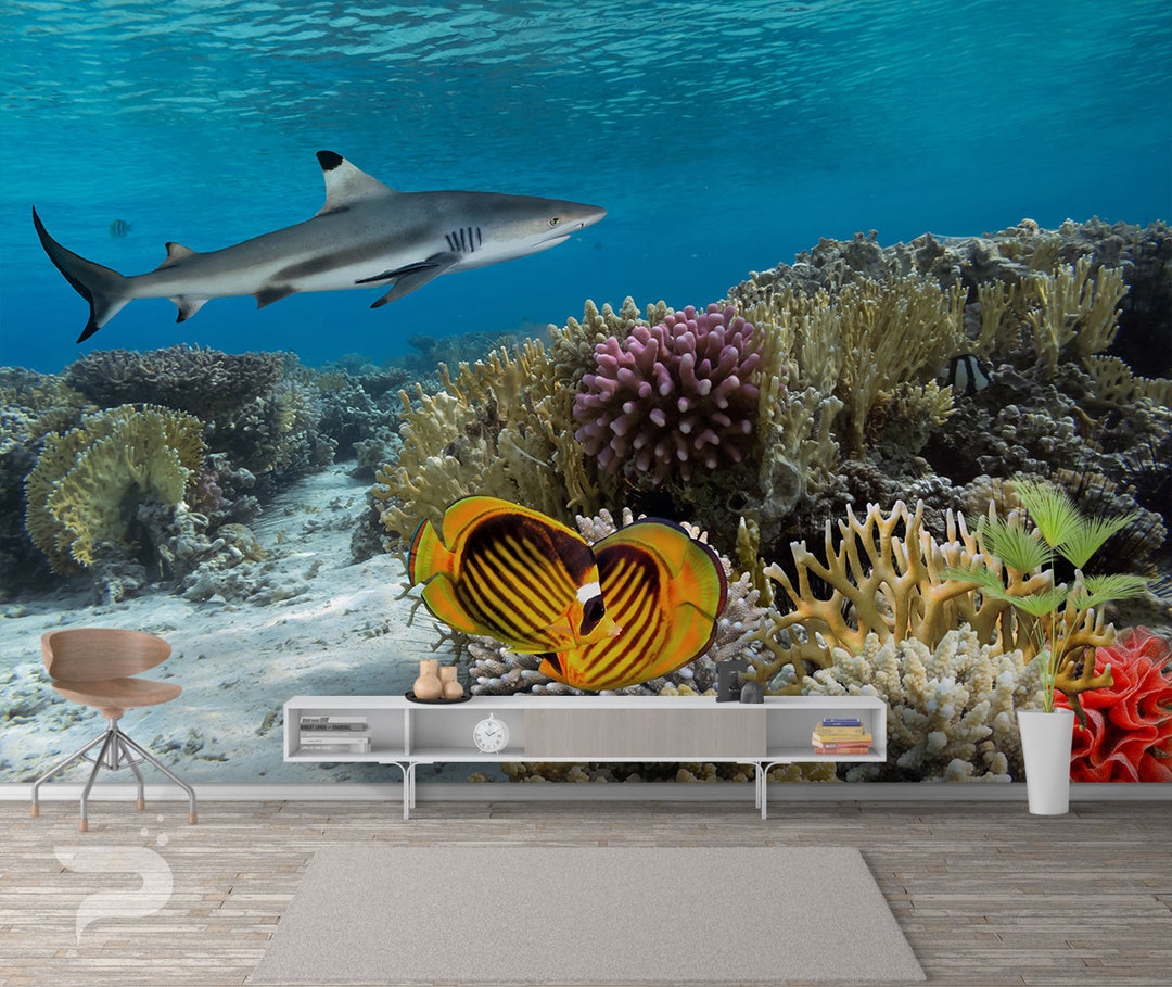 Coral Reef WALL MURAL, Underwater Wall Covering, Shark Diving Wall Art ...