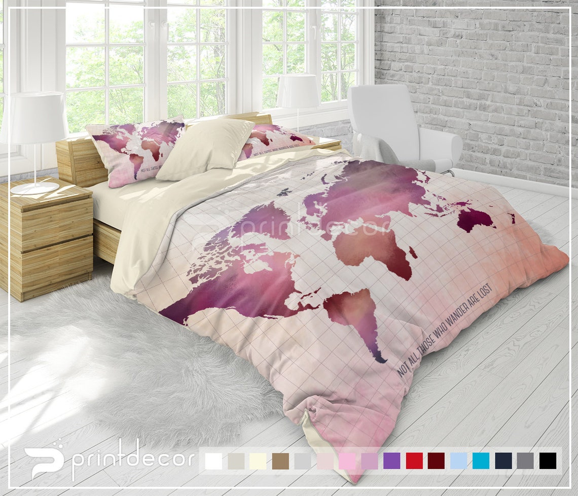 World Map Bedding Watercolor Map Duvet Cover Set | Etsy