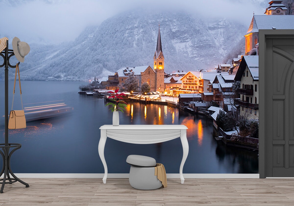 Hallstatt WALLPAPER MURAL Snowy Winter Scene Mural Large | Etsy