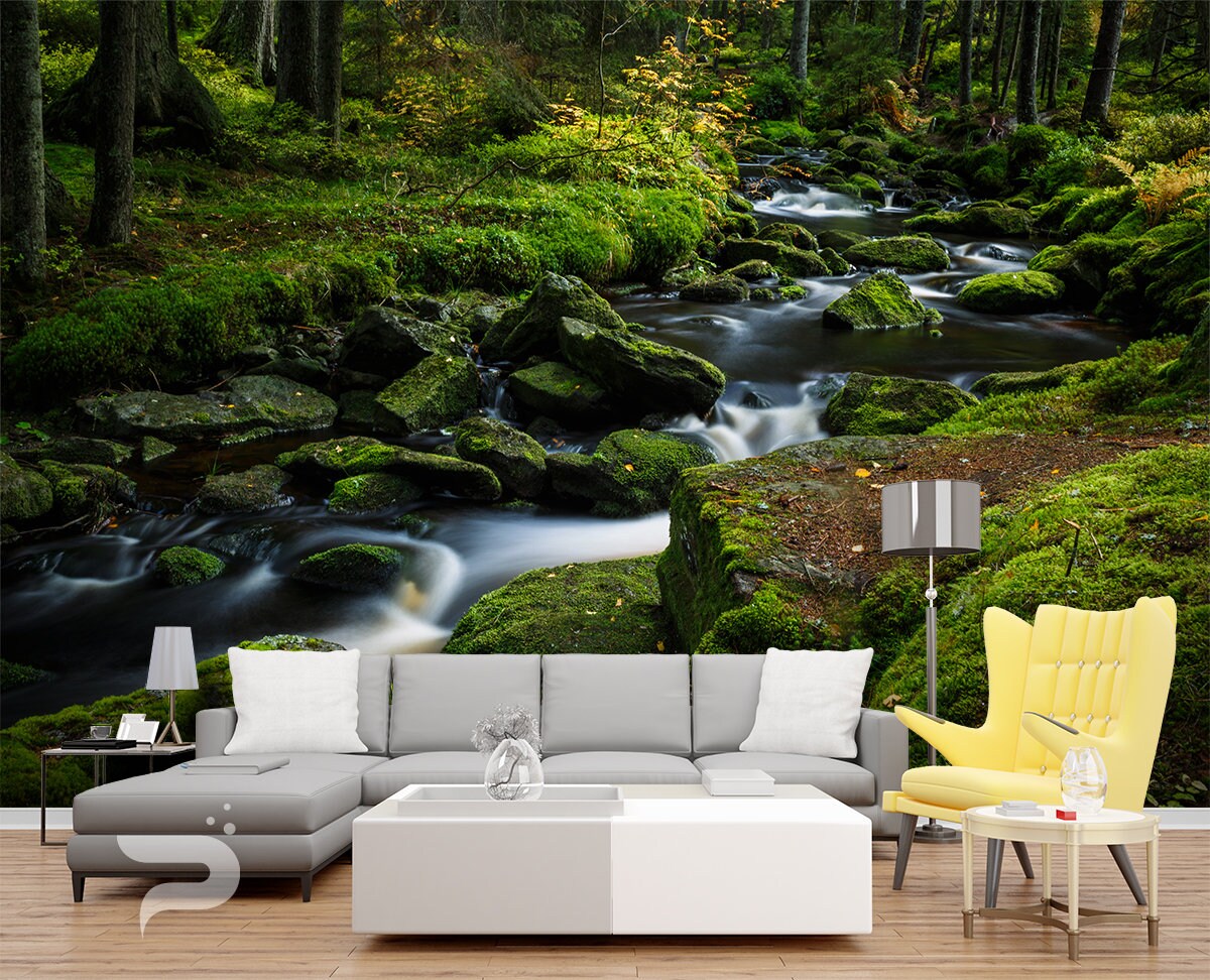 Forest Stream MURAL Green Forest Wallpaper Forest Brook Wall - Etsy