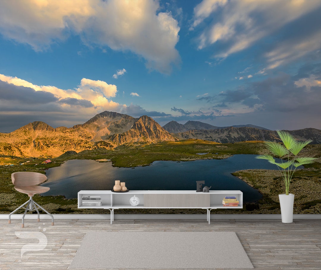 Mountain Lake Sunset WALL MURAL, Mountain Wallpaper Mural, Large Wall ...