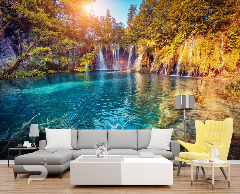 Colorful Lake MURAL Autumn Forest Wallpaper Mural Large Wall | Etsy