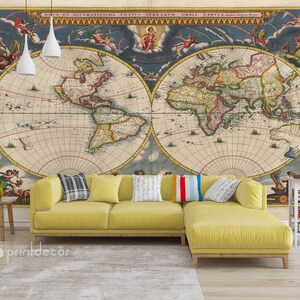 Colorful Old World Map MURAL, Vintage Map of the World WALL MURAL, Old ...