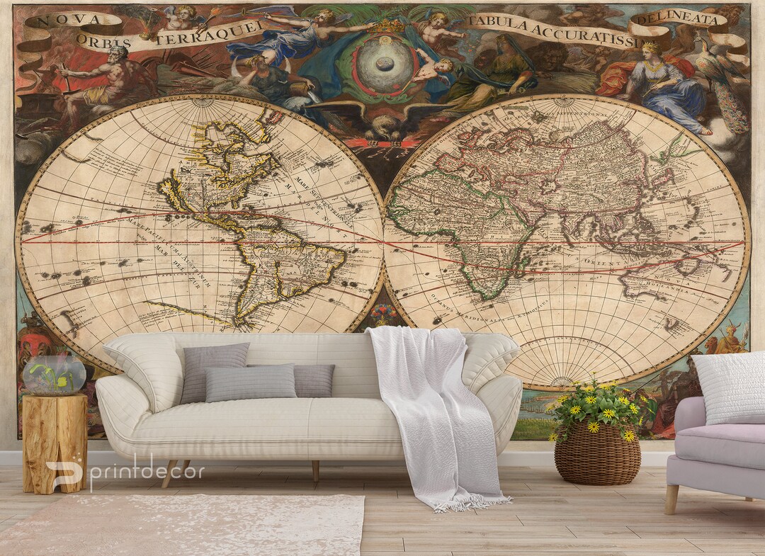 Beautiful Old World Map MURAL, Vintage Map of the World WALL MURAL, Old ...