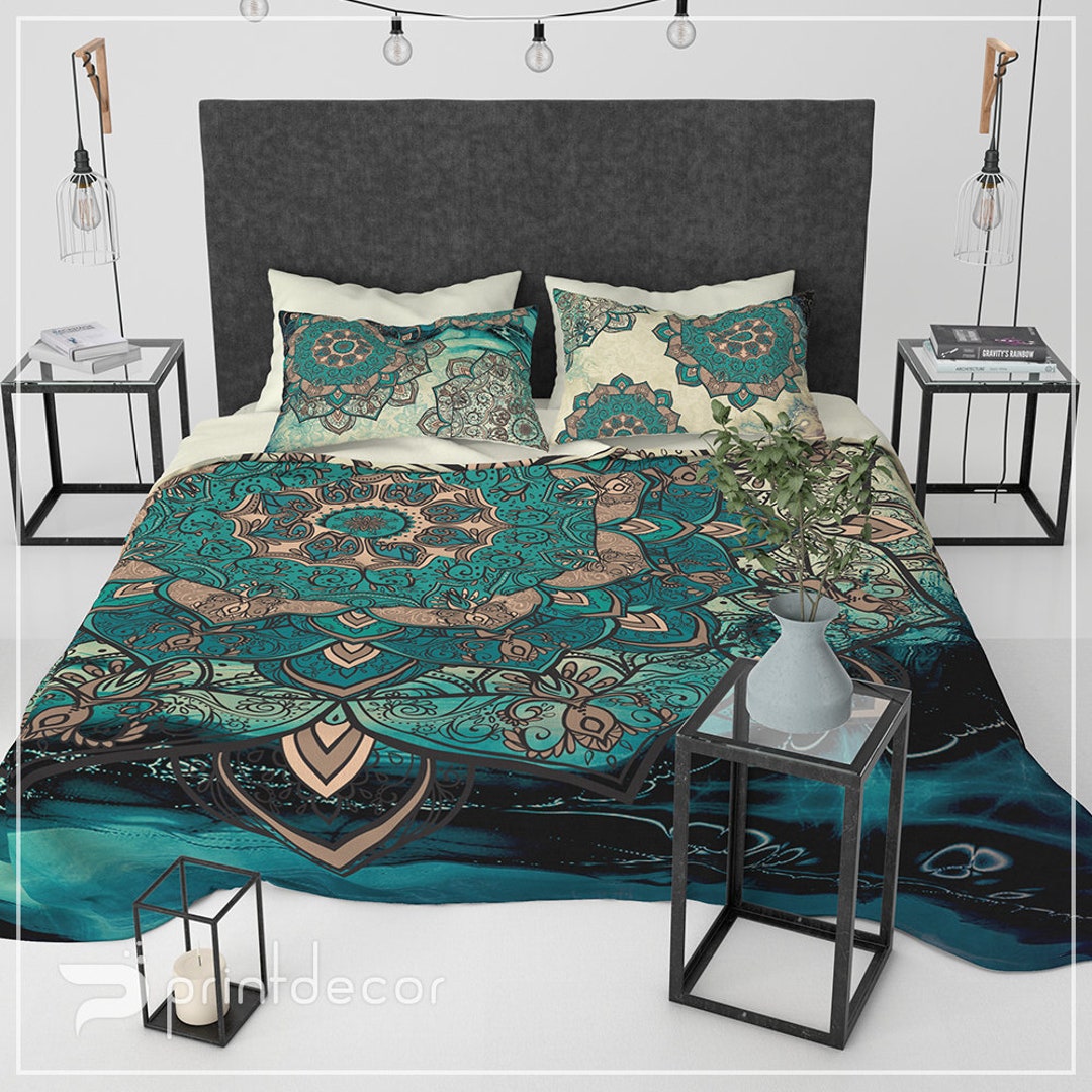 Bohemian Mandala Bedding Set, Boho Chic Teal and Beige Vintage Mandala ...