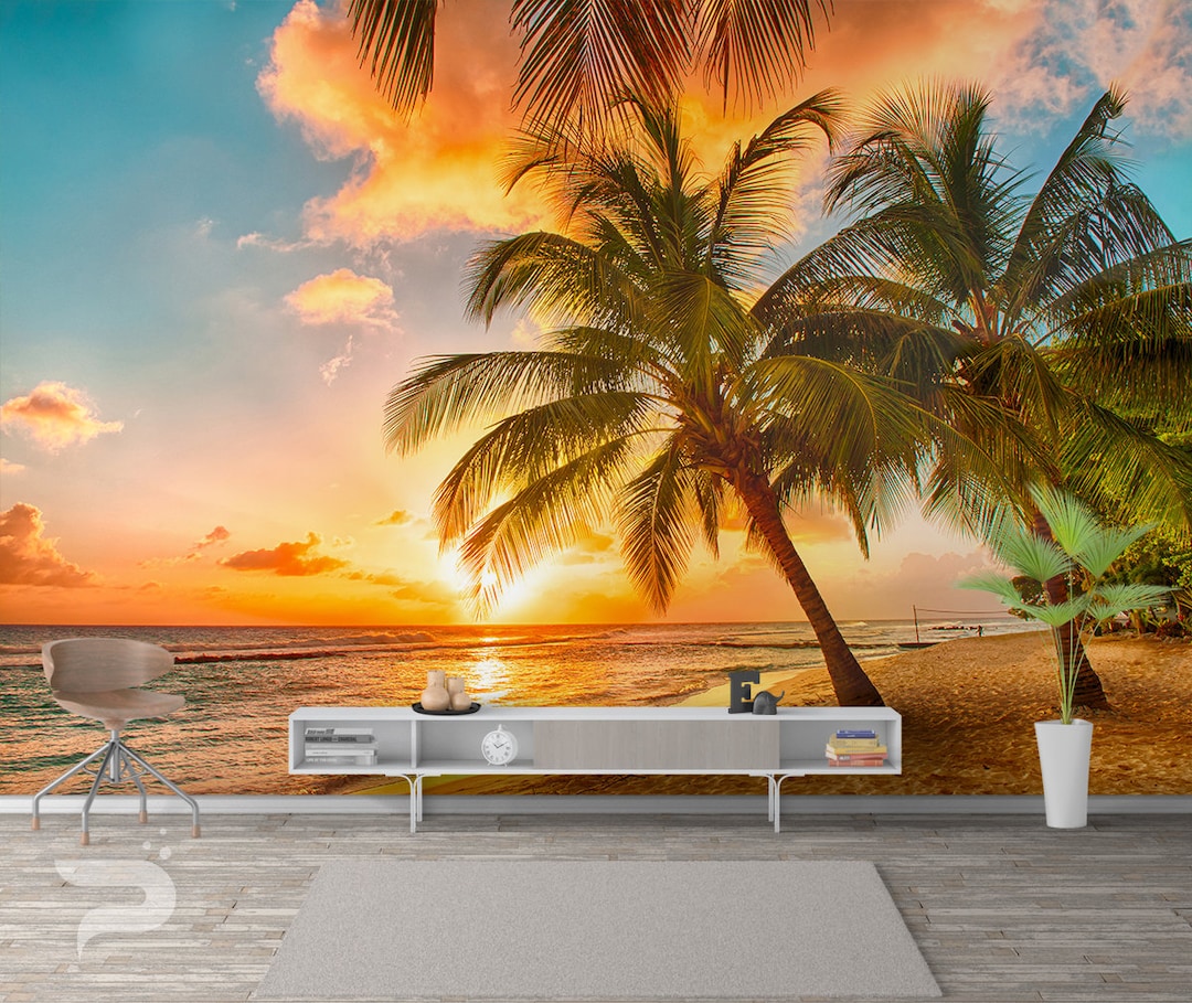 Tropical Beach WALL MURAL, Palms Wall Covering, Beach Sunset Wall Art ...
