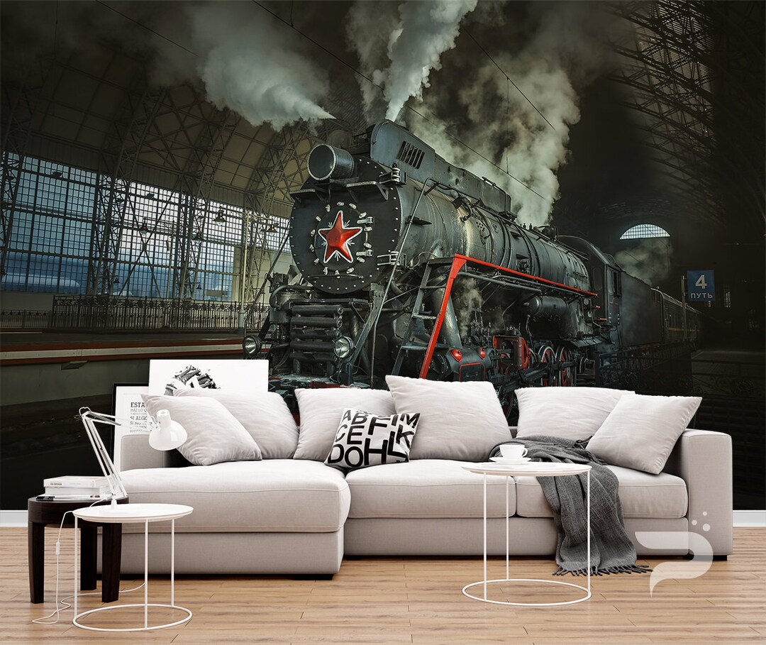 Steam Train WALL MURAL, Grunge Wall Covering, Old Train Wall Art Print ...