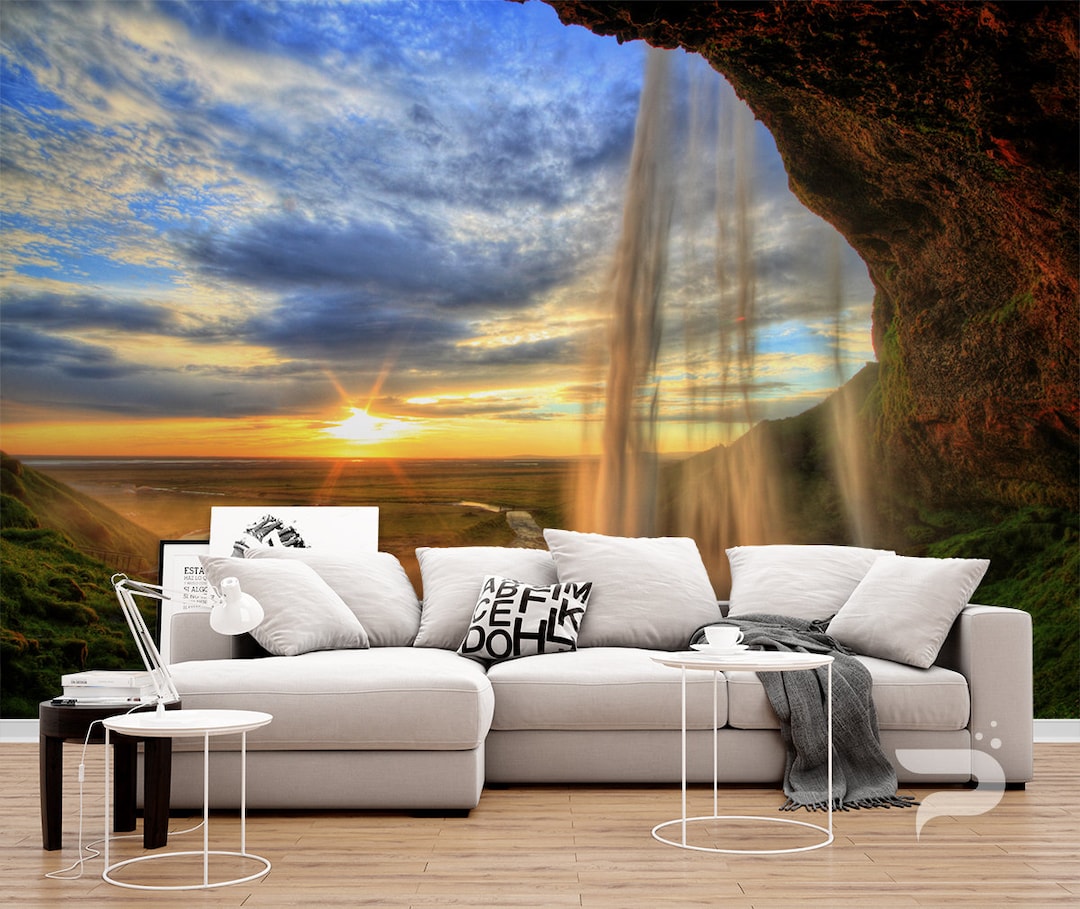Waterfall Sunset WALL MURAL, Iceland Wall Covering, Nature Sunset Wall ...