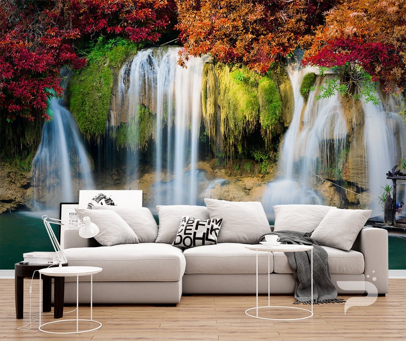 Colorful Forest Waterfall WALL MURAL Autumn Wallpaper Large - Etsy