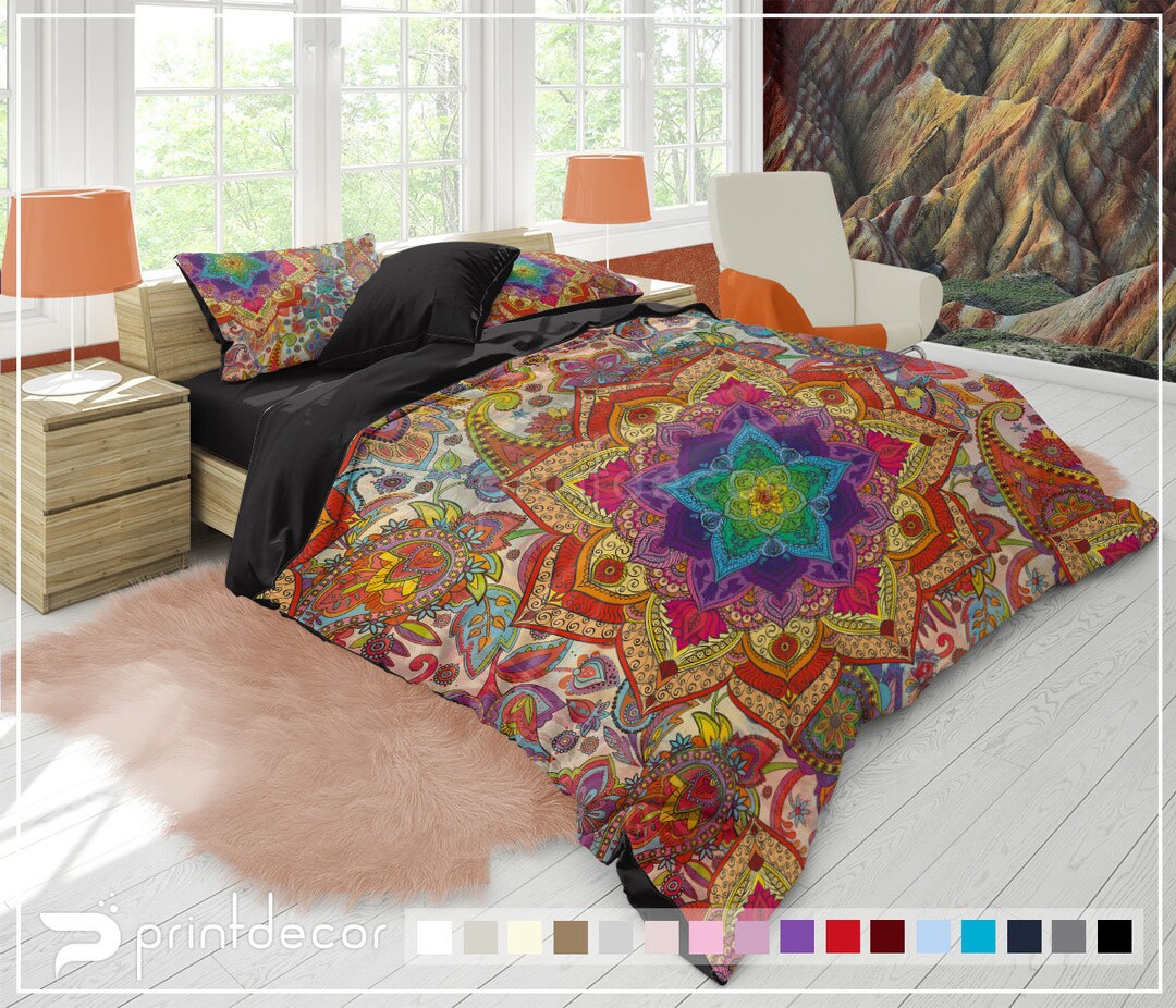 Mandala Bedding Set, Boho Paisley Multicolor Mandala Duvet Cover Set ...