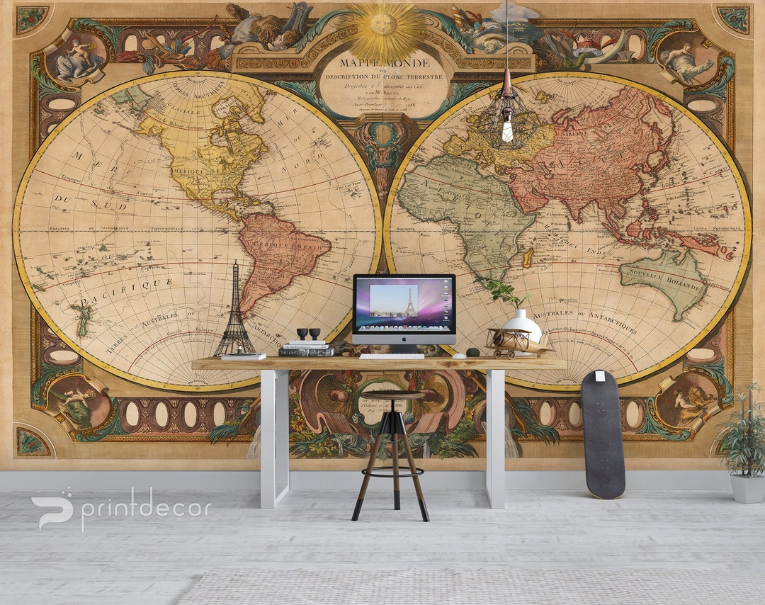 Beautiful Nautical World Map WALL MURAL, Old Map Wallpaper, Vintage ...