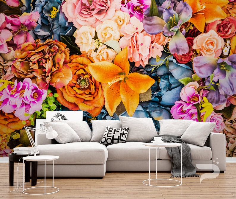 Floral Wall Mural Colorful Flowers Wallpaper Beautiful Etsy