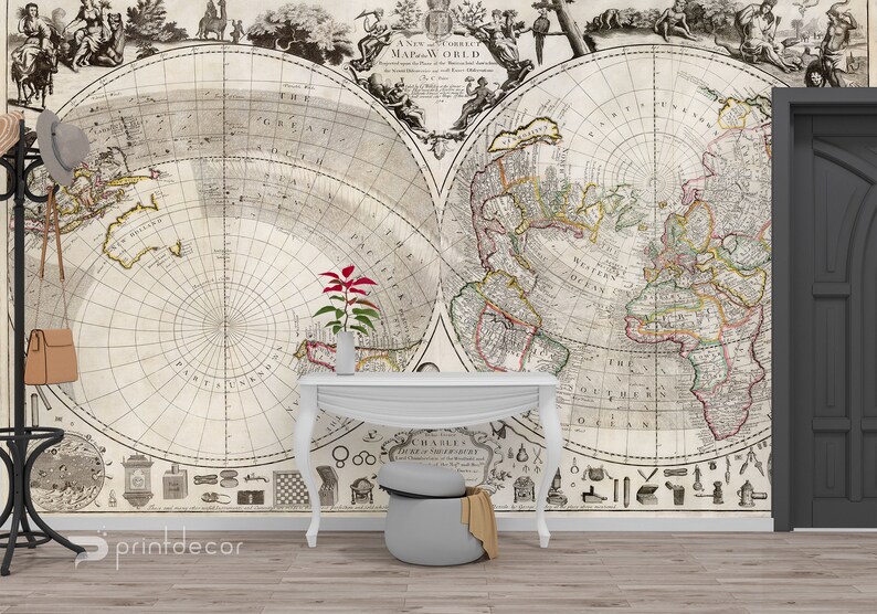 Old Map of the World WALL MURAL Nautical Map Wallpaper - Etsy