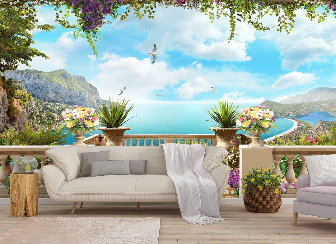 Mediterranean Terrace WALLPAPER MURAL, Terrace Garden Wall Mural, Large ...