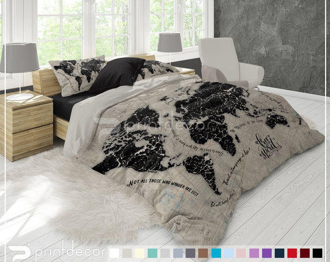 World Map Bedding, Free Spirit Map Duvet Cover Set, Inspirational Quote ...