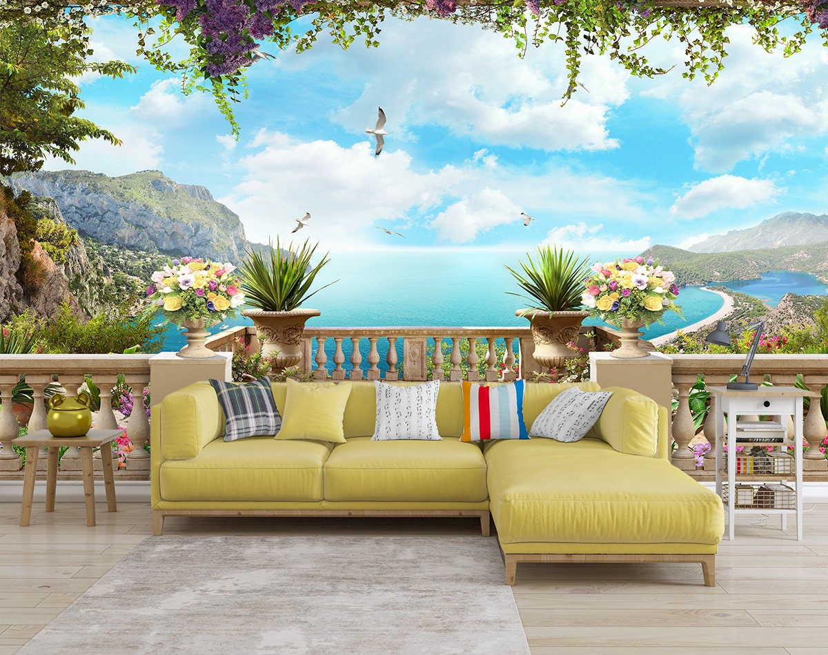 Mediterranean Terrace WALLPAPER MURAL Terrace Garden Wall | Etsy