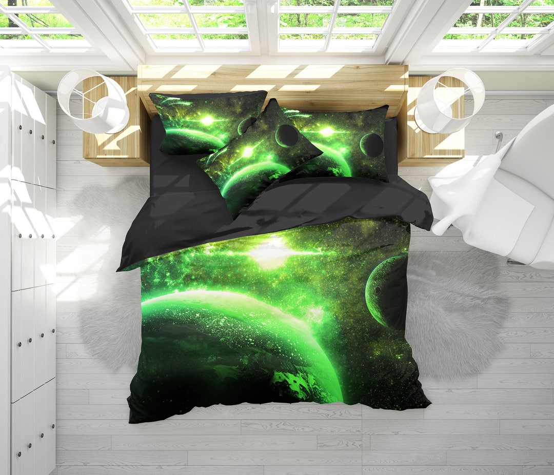Green Planets Bedding Set, Space Nebula Duvet Cover Set, Deep Space ...