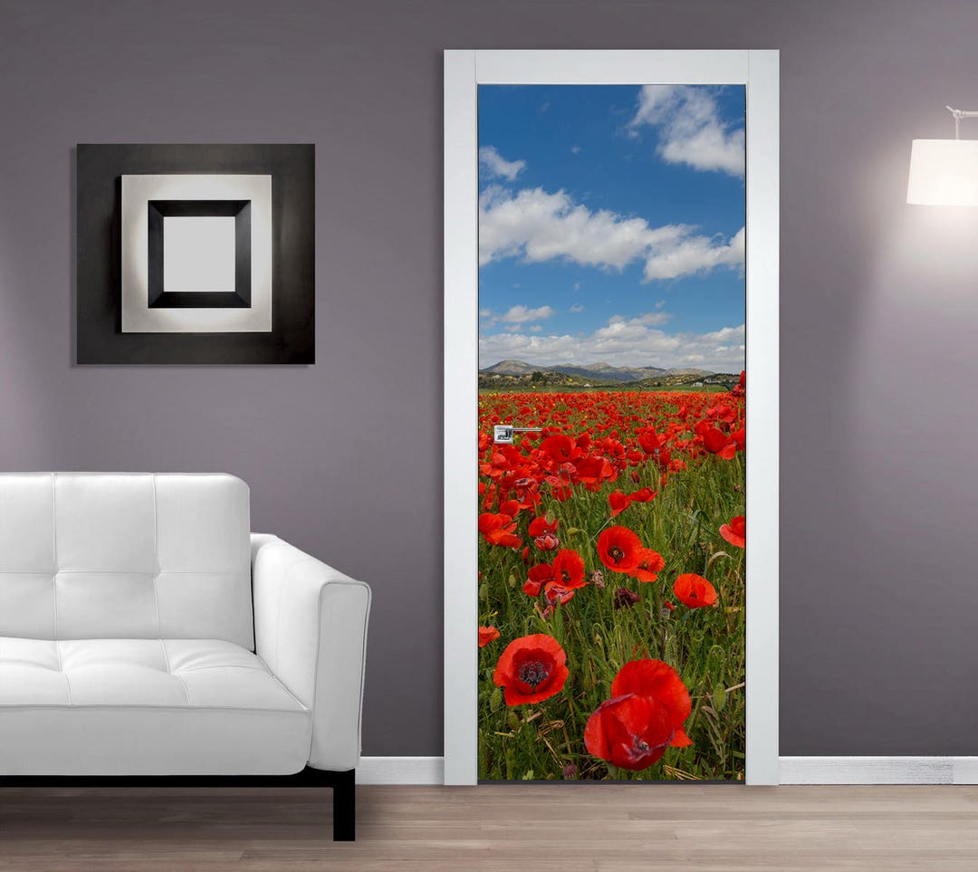 Poppy Field DOOR MURAL Sticker, Self Adhesive Door Wrap, Peel & Stick ...