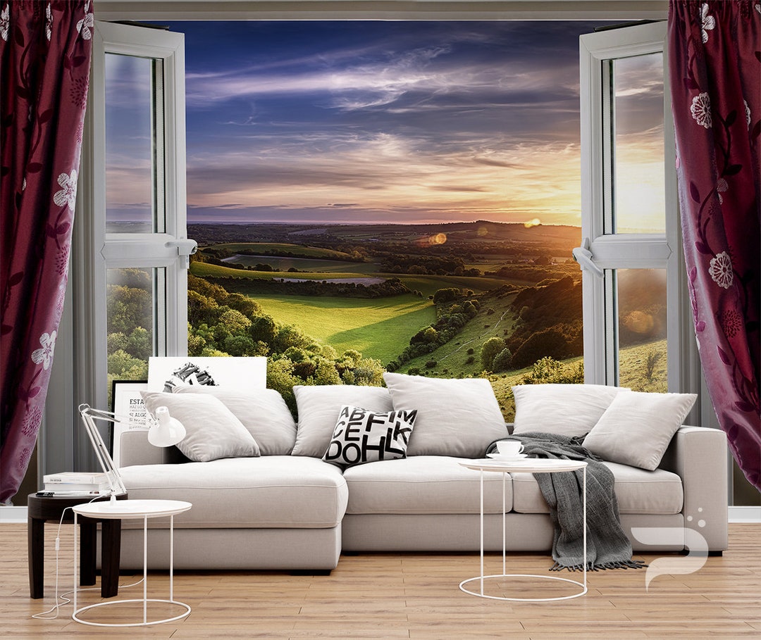 Window Landscape WALL MURAL, Beautiful Wall Covering, 3D Sunset Wall ...