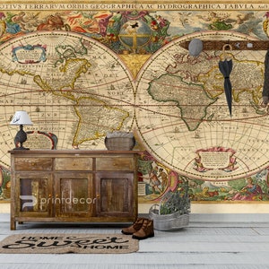 Beautiful Old World Map WALL MURAL, Colorful Map Wallpaper, Vintage ...