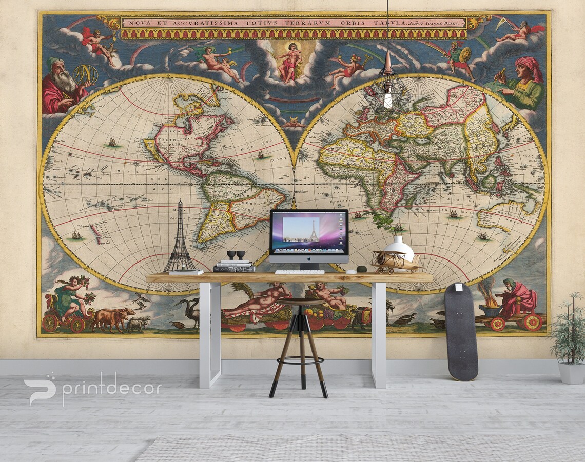 Colorful Old World Map MURAL Vintage Map of the World WALL - Etsy