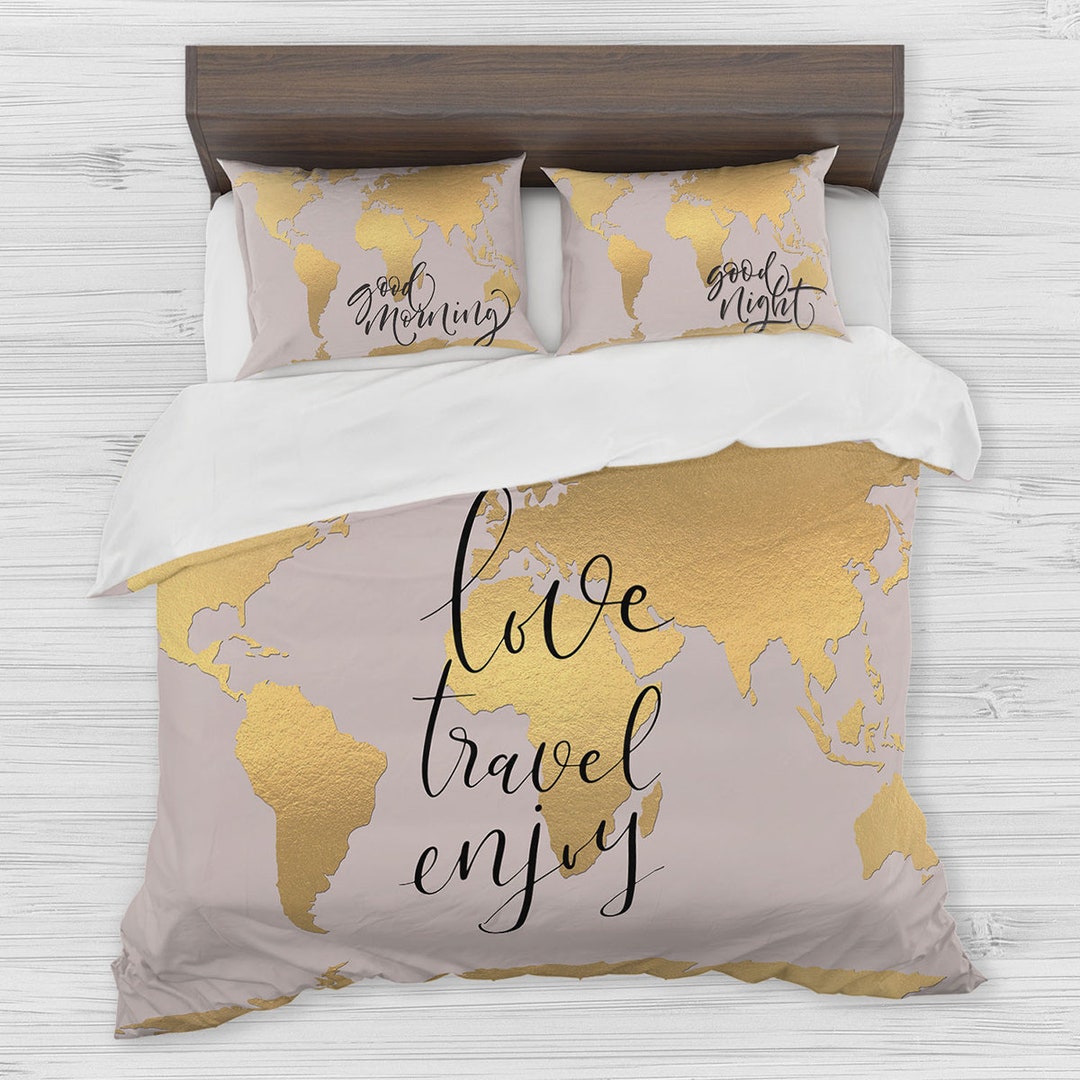 World Map Bedding, Golden Map Duvet Cover Set, Travel Map Bedding ...