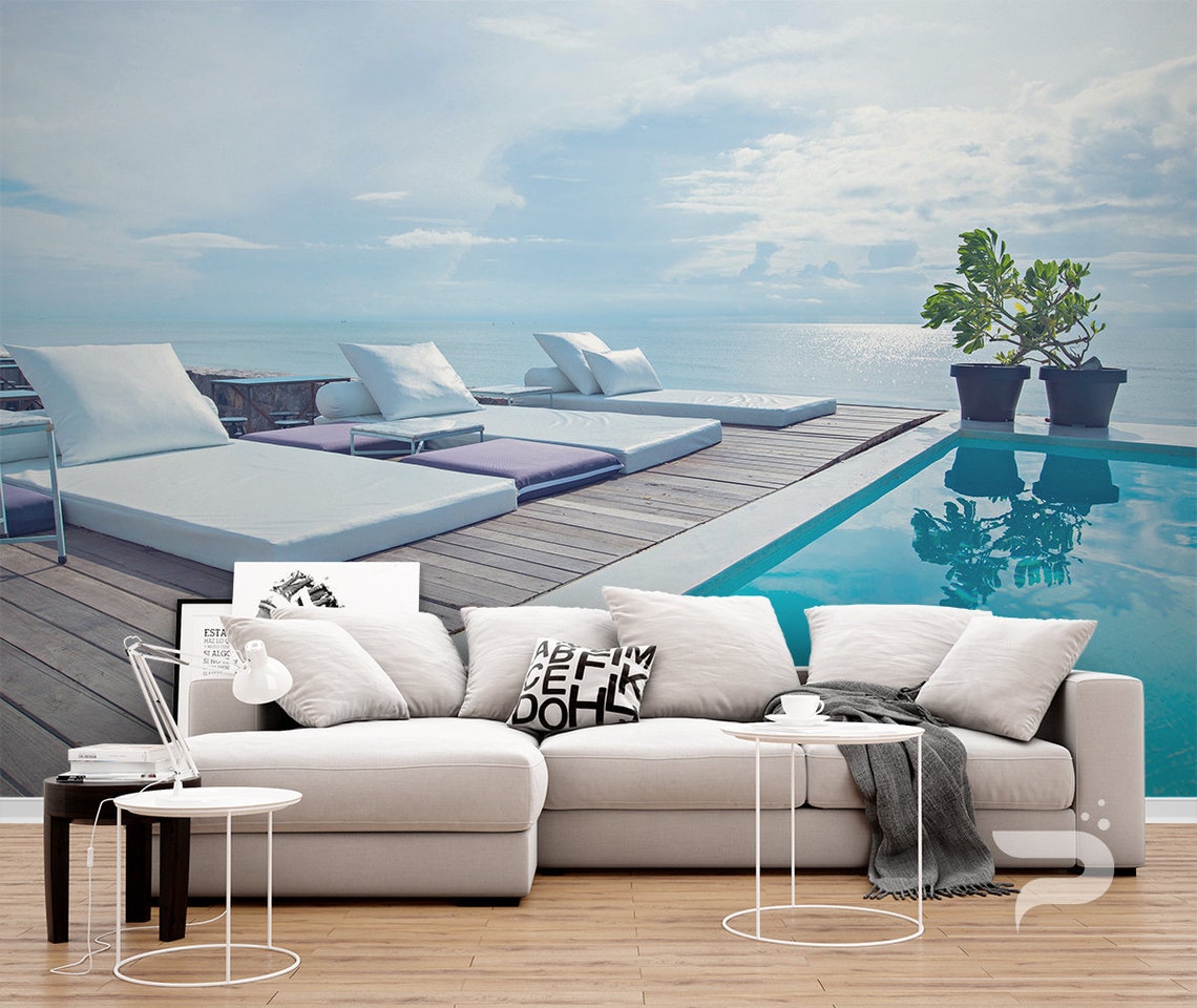 Luxury Pool Deck MURAL Summer Wallpaper Sea View Wall Mural | Etsy