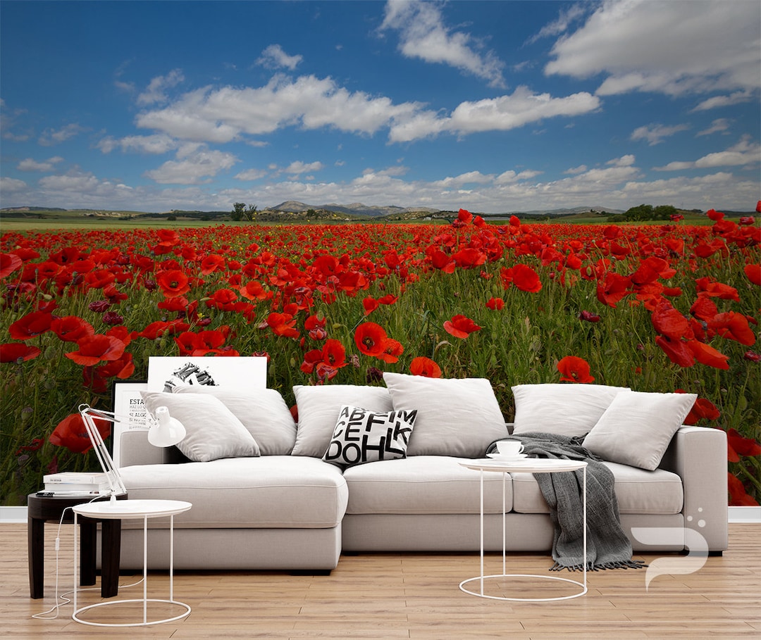 Poppies WALL MURAL, Poppy Field Wallpaper Mural, Large Wall Mural, Self ...