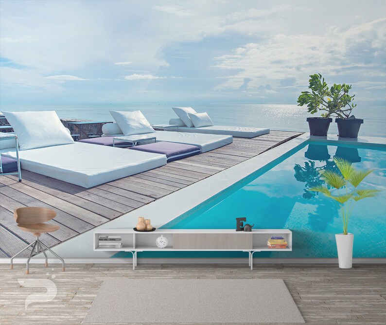 Luxury Pool Deck MURAL Summer Wallpaper Sea View Wall Mural | Etsy