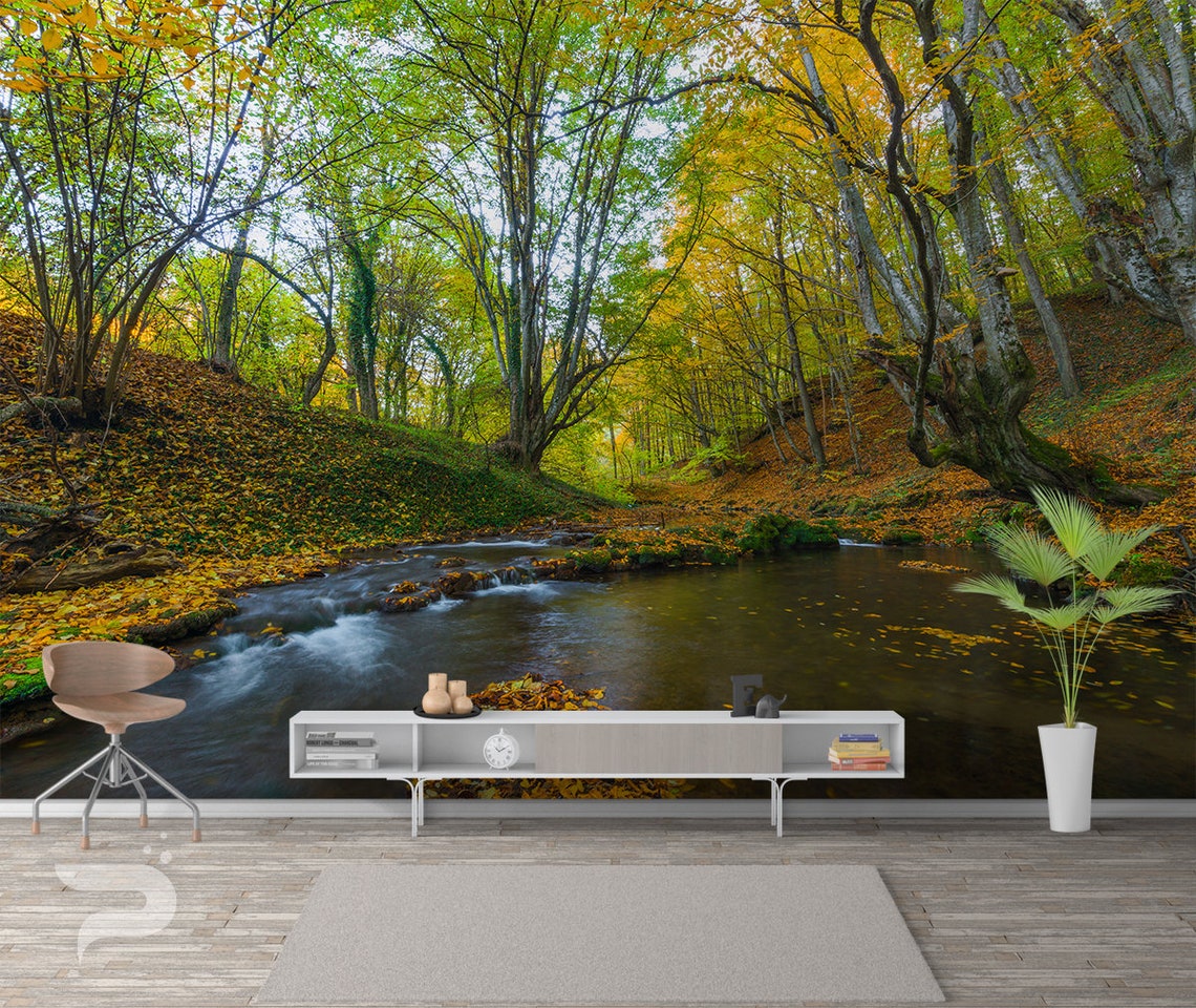 Autumn River WALL MURAL Autumn Forest Wallpaper Mural Large - Etsy