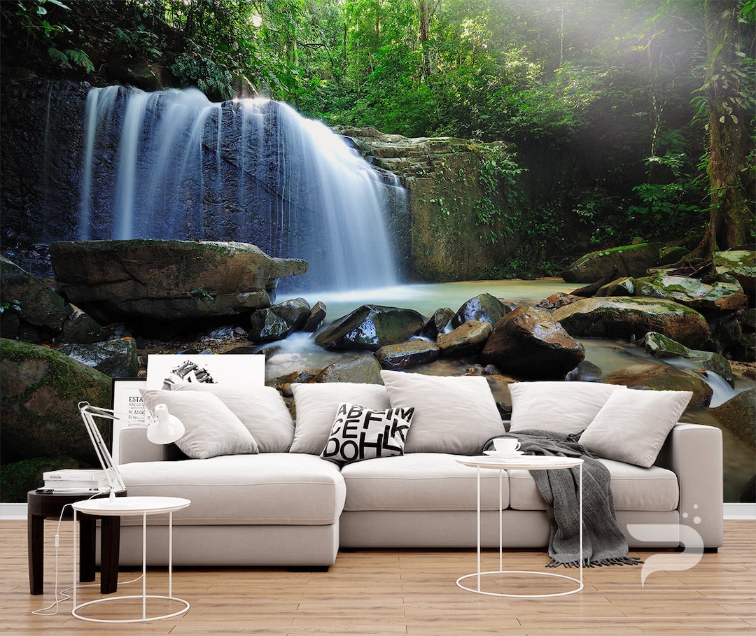 Forest Waterfall WALL MURAL, Forest River Wallpaper, Large Wall Mural ...