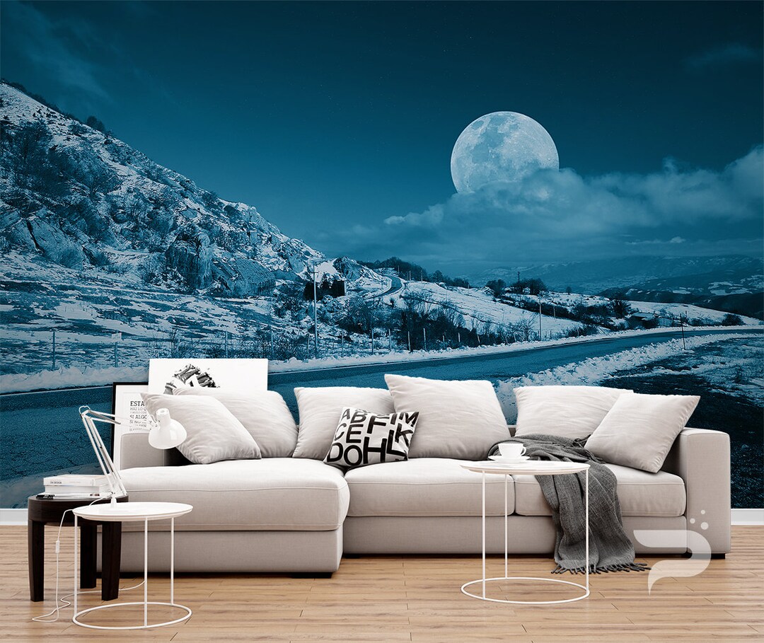 Supermoon WALL MURAL, Blue Morning Wall Covering, Winter Road Wall Art ...